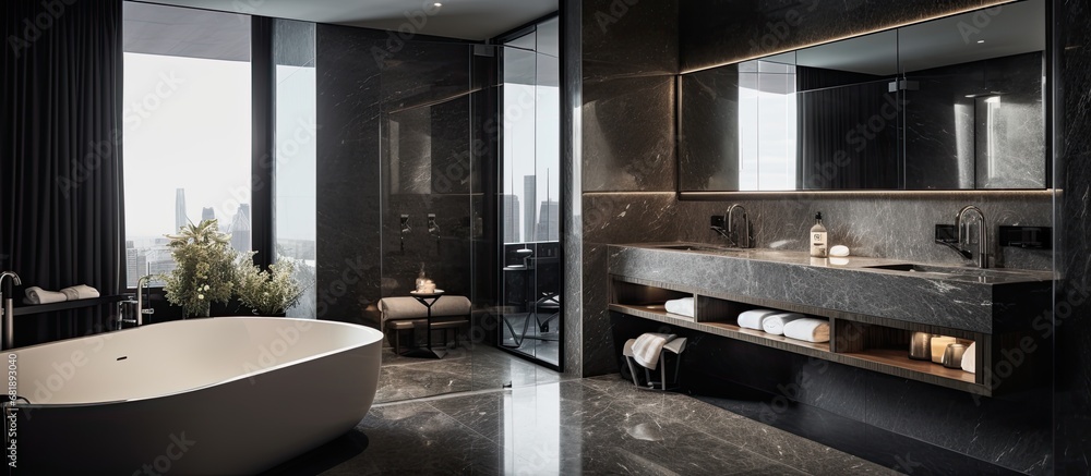 The modern interior design of the hotel room featured a sleek black ...