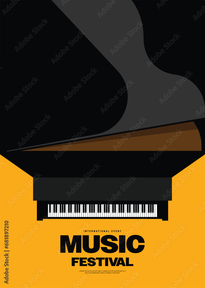 Music festival poster template design with top view of piano keyboard ...