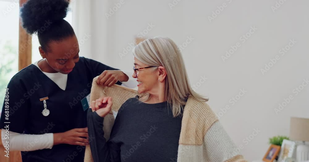 Nurse, senior woman and help with dressing in home, support or comfort ...