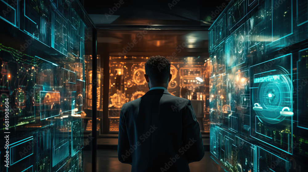 Man sitting in data center with multiple computer screens. Concept of ...