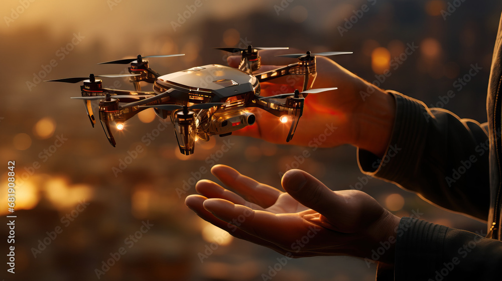 Hand letting go of tiny drone. Concept of Drone Release, Unmanned ...