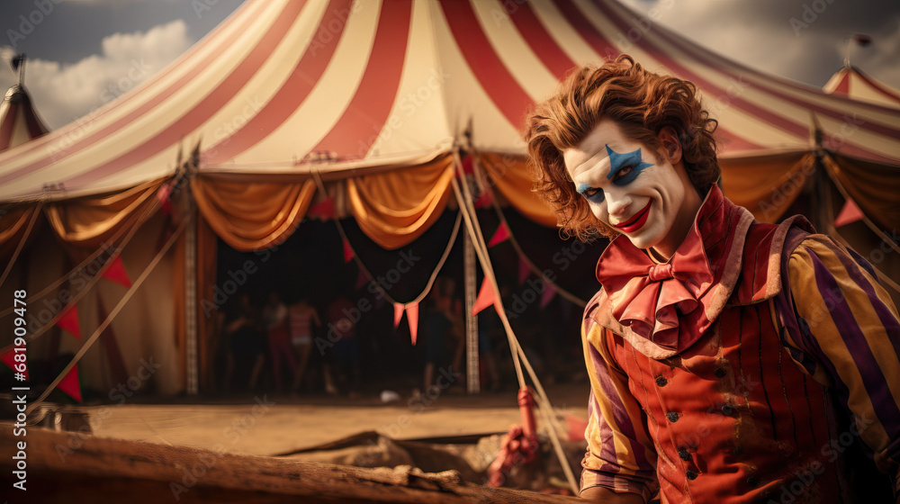 Circus clown outside big top tent at the traveling sideshow. Concept of ...