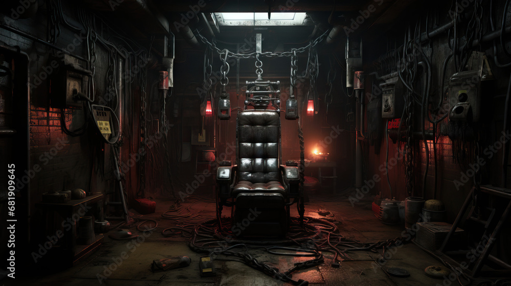 Creepy leather chair in dark basement setting empty backdrop. Concept ...