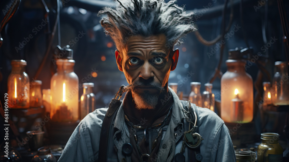 African American mad scientist in lab. Crazy hair. Concept of Mad ...