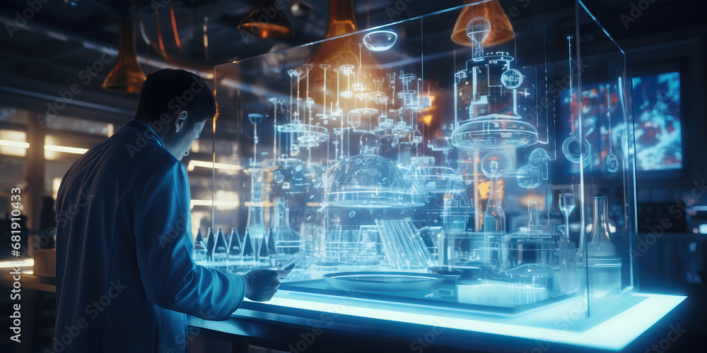 Scientist in futuristic science lab solving problems and advancing research. Concept of ...