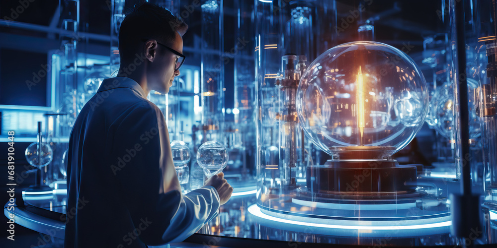 Scientist in futuristic science lab solving problems and advancing ...