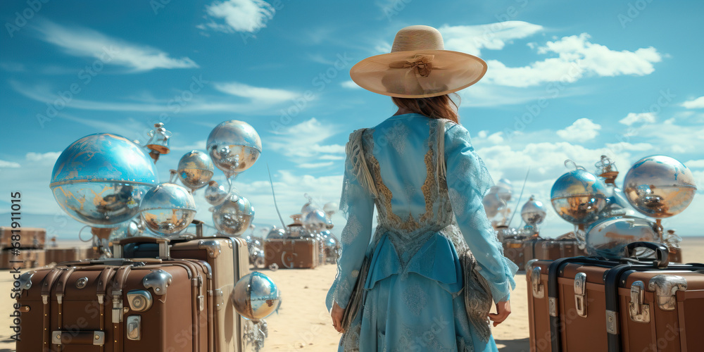1950s girl wearing Vintage futuristic attire in the desert. Shiny metal ...
