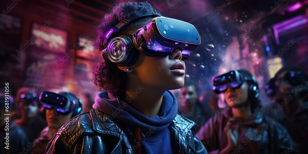 Young teens wearing VR headsets in club exploring new virtual worlds ...