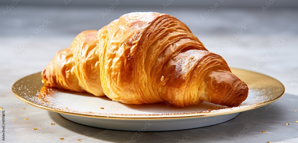 A high-resolution image of a freshly baked croissant, with flakes ...