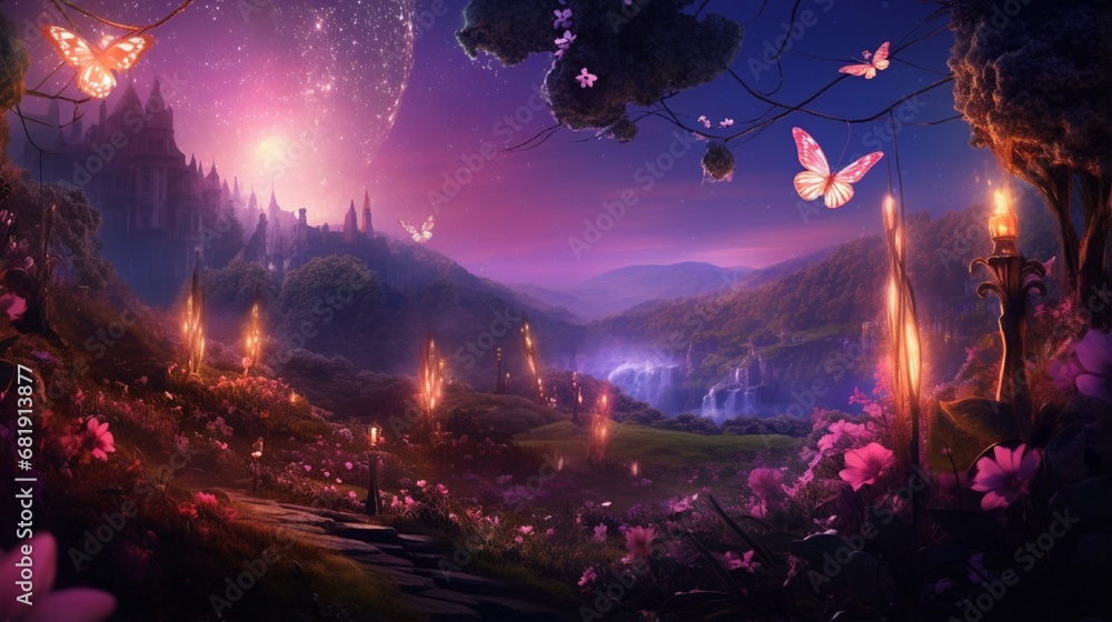 Fantasy Magical Enchanted Fairy Tale Dreamy Elf Forest with Fabulous Fairytale Blooming pink ...