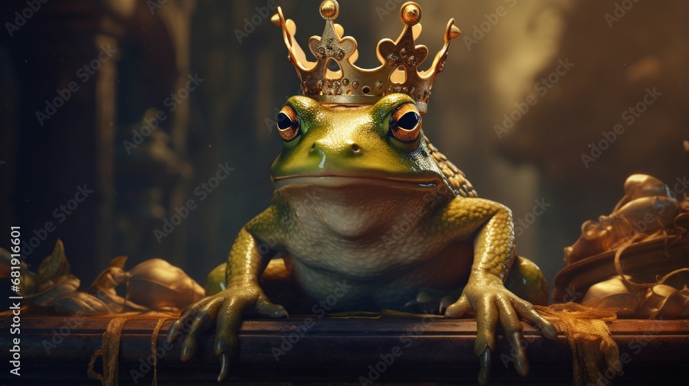 Frog prince with gold crown representing the fairy tale concept of ...
