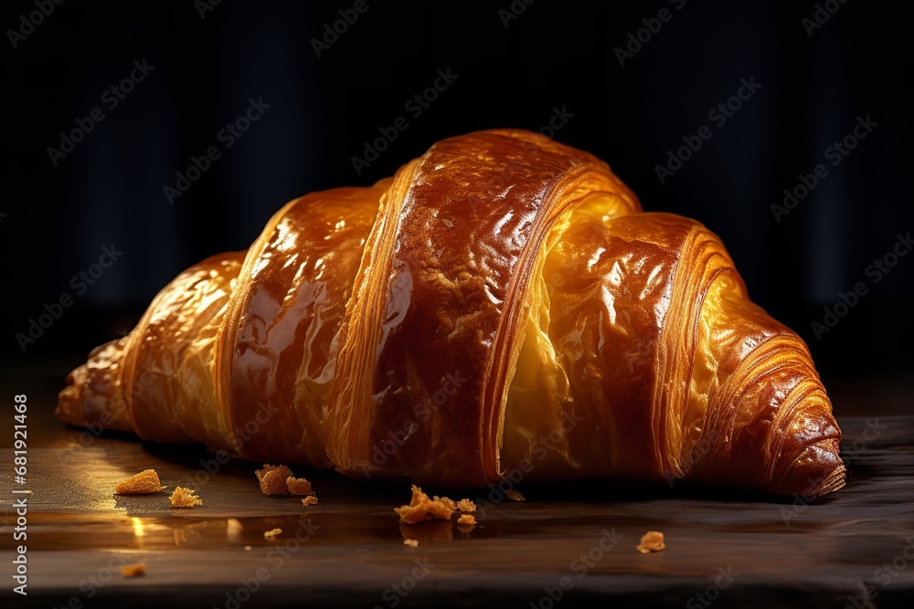a golden brown croissant on a white table. The croissant is flaky and ...