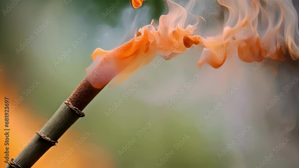 Closeup bamboo incense stick turns fiery orange, slowly burning ...
