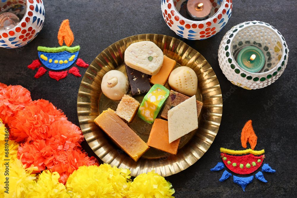 Diwali sweets Gujiya barfi Motichoor Laddu Rasmalai Indian sweet ...