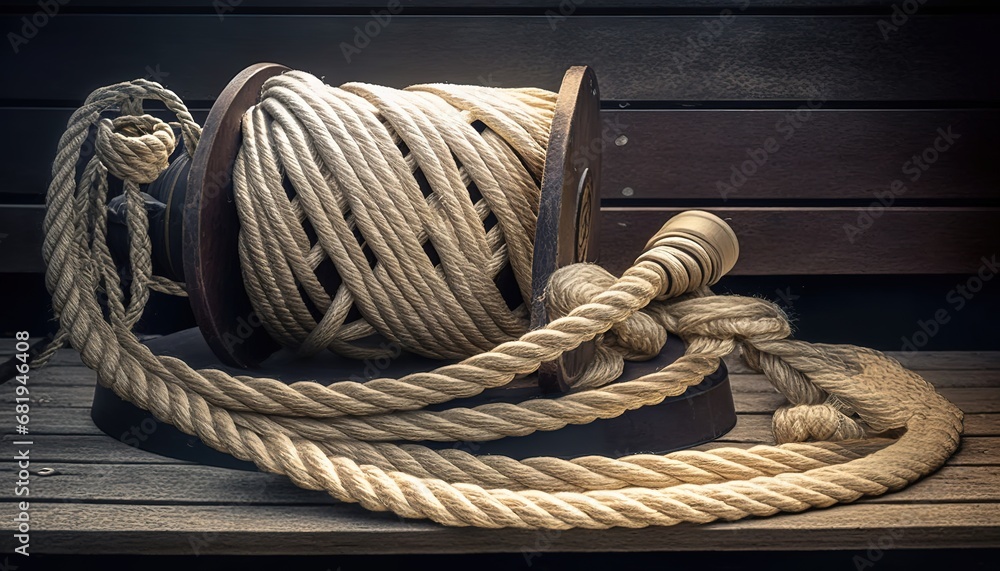Coiled maritime rope wooden deck old yacht sailboat mooring ship secure ...
