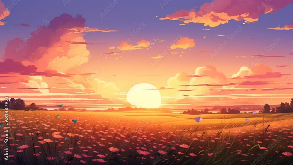 Vidéo Stock Sunset over flower field landscape, flower field with ...