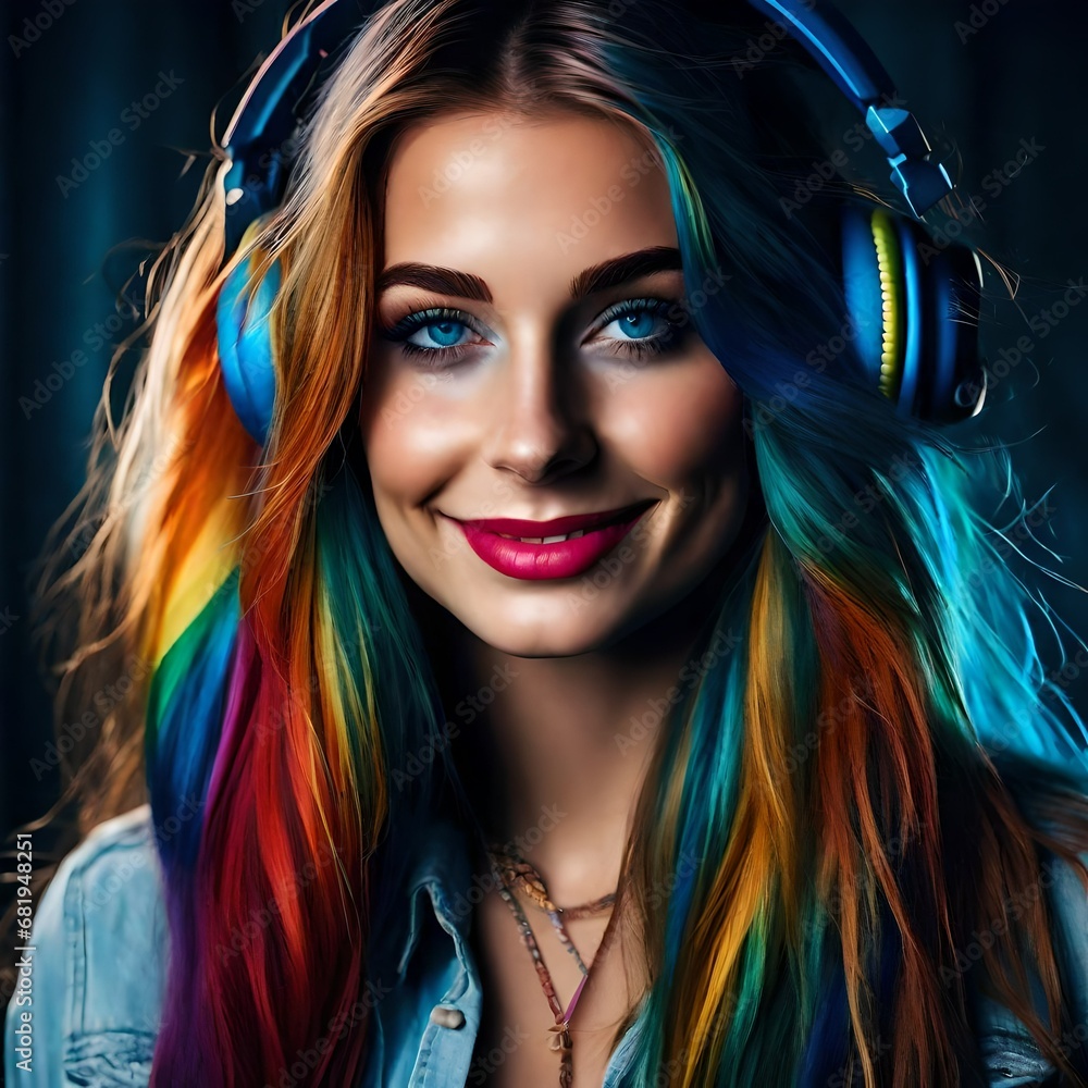 A young happy cute woman next door type, female portrait rainbow ...