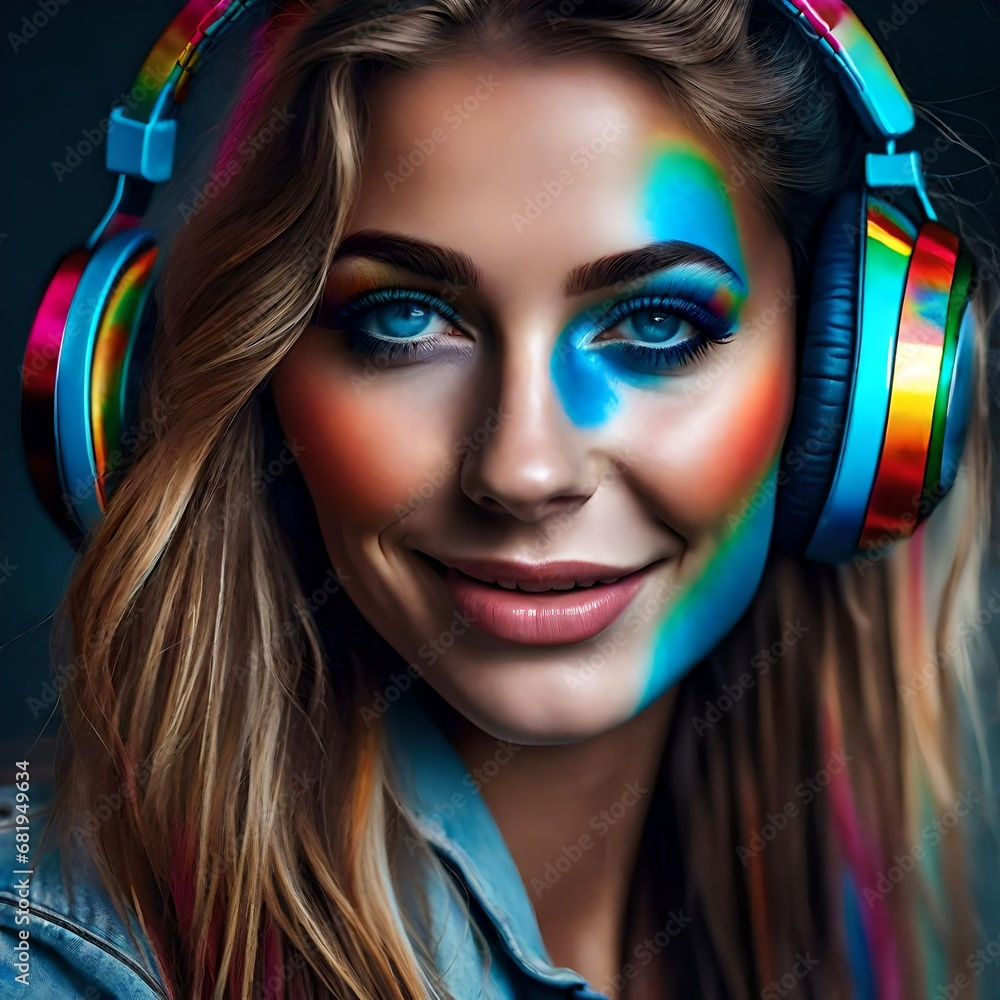 A young happy cute woman next door type, female portrait rainbow ...