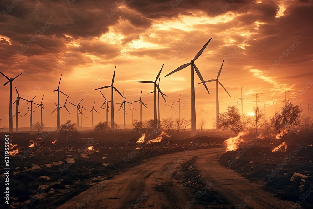 Wind turbines burning in a field at sunset, 3D illustration, View of a ...