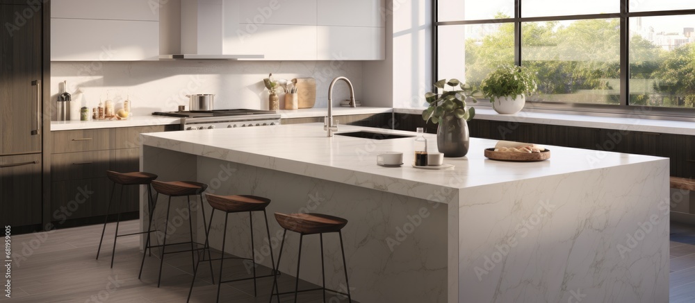 In the modern kitchen design, sleek steel fixtures blend with ceramic ...