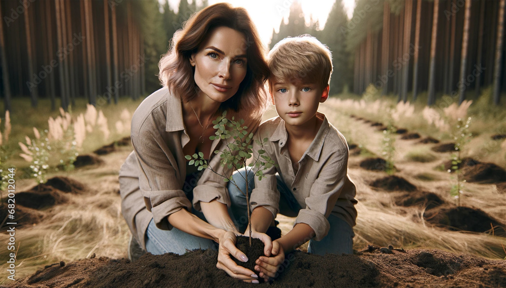 Portrait of a mother and son planting a small tree with their hands in ...