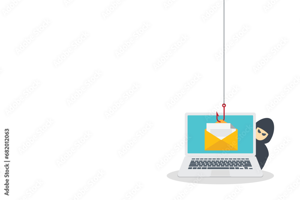 Email data phishing. Cyber thief hide behind Laptop computer. Hacking concept. Vector ...