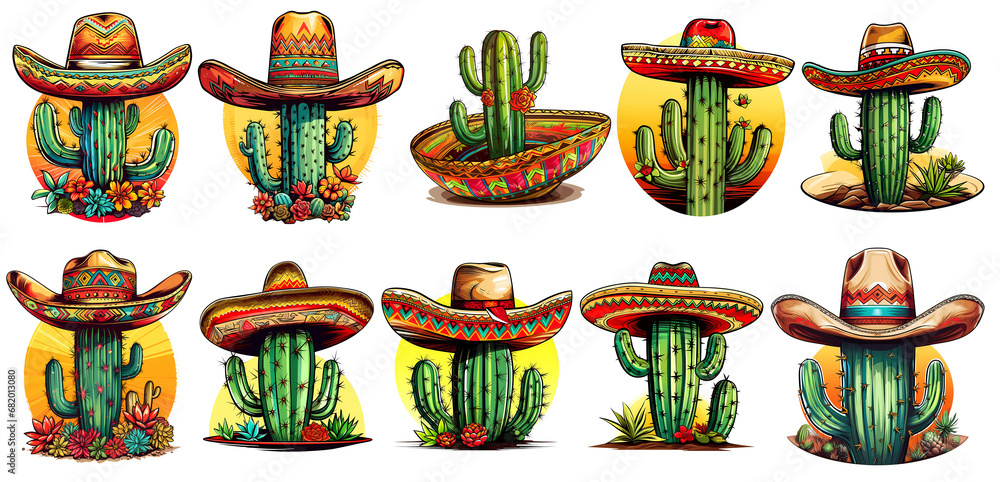set of mexican Cactus Sticker, Clipart on isolated, transparent ...