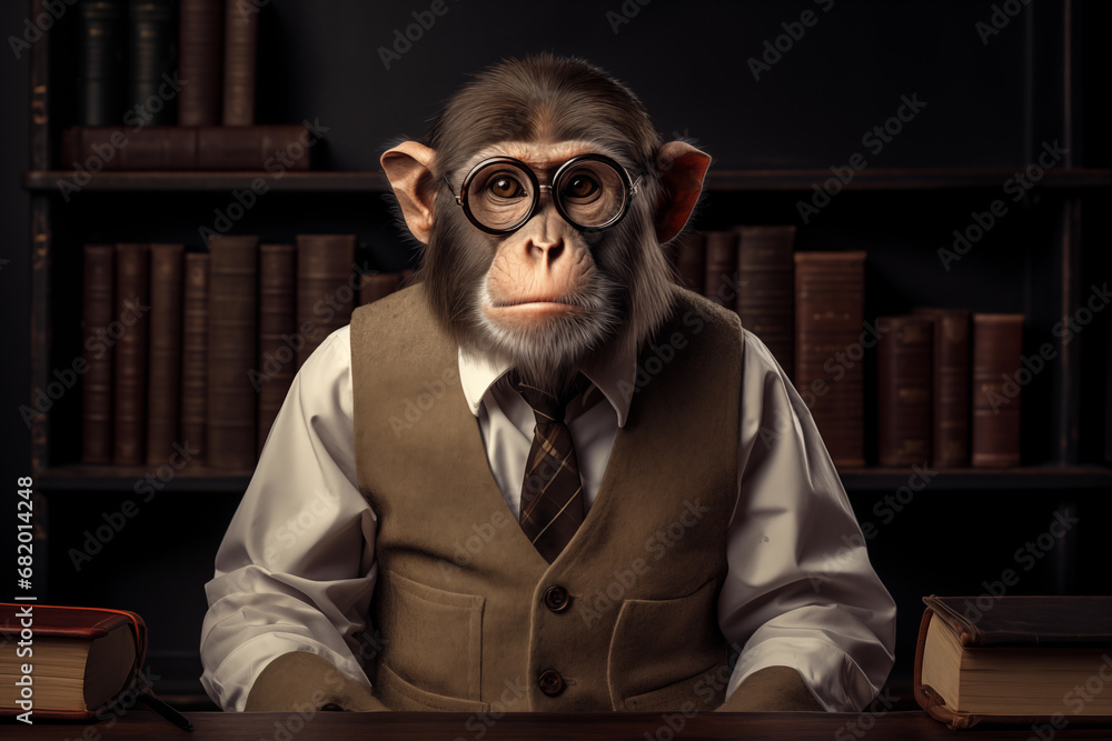 older monkey wearing brown professor suit and bowtie in library with ...