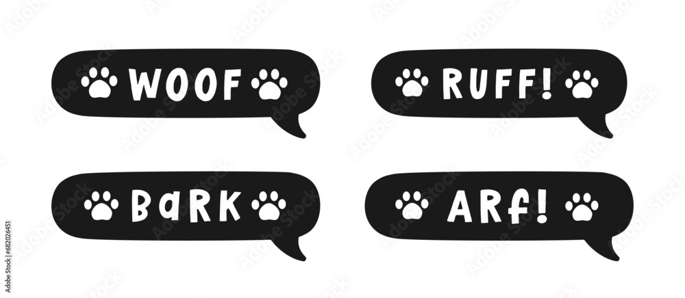 Dog bark animal sound effect text in a speech bubble with paw print ...