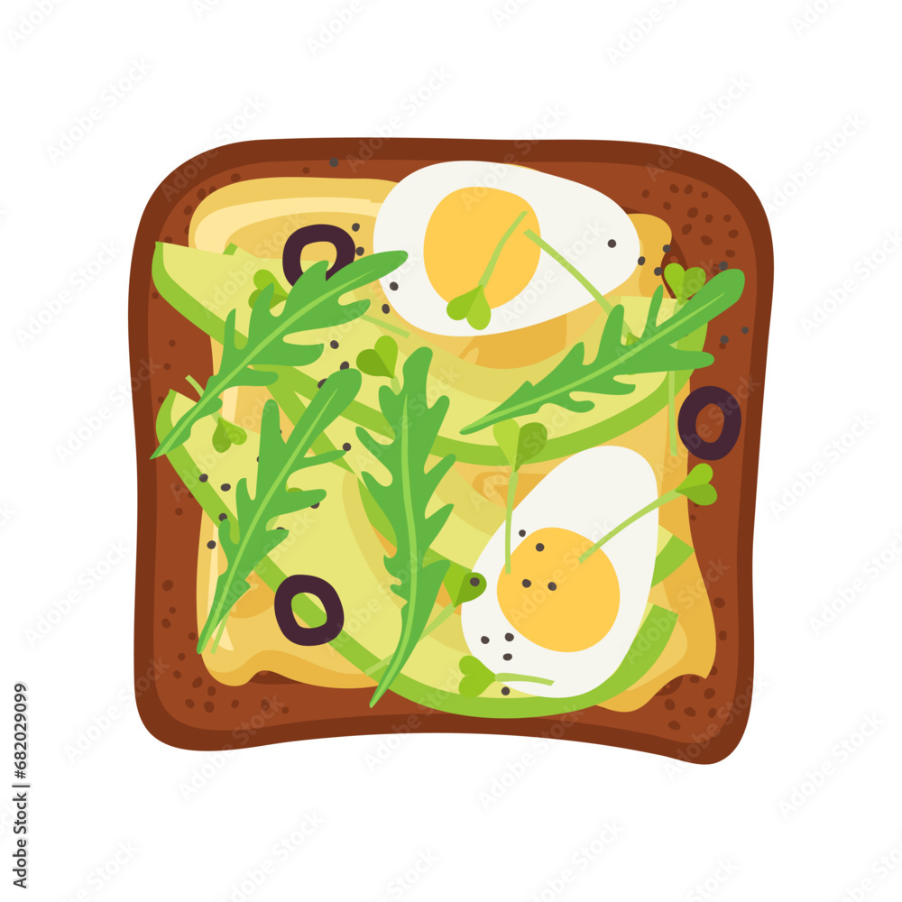Open Toast with avocado, micro greens, cheese, egg, arugula, olives ...