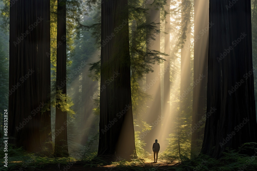 A breathtaking image of the Redwood forest under the soft, filtered ...