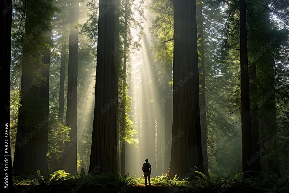 A breathtaking image of the Redwood forest under the soft, filtered ...