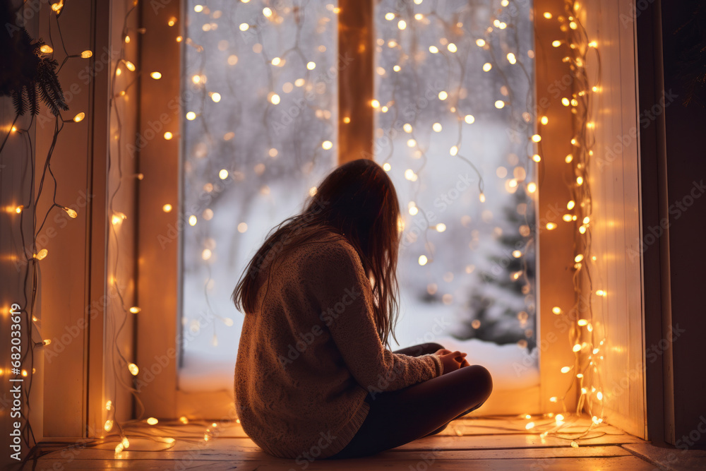 Foto de Sad Christmas at home. Upset teenage girl sitting on ground at ...