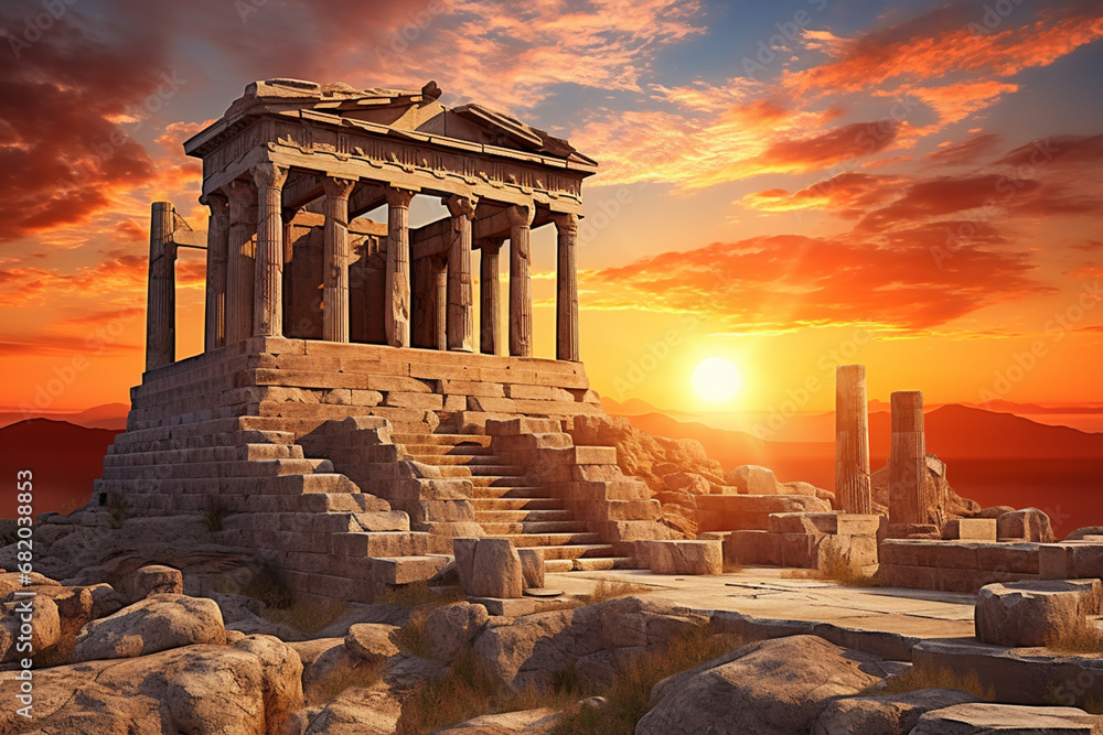 The scenic landscape view of an ancient Greek rock temple with Doric ...