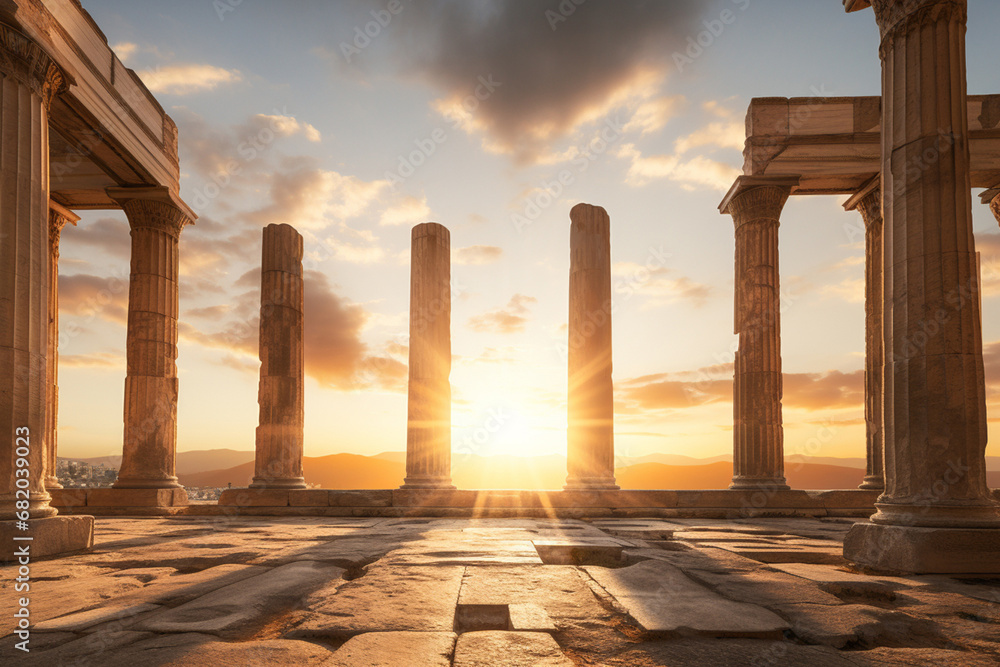 The scenic landscape view of an ancient Greek rock temple with Doric ...