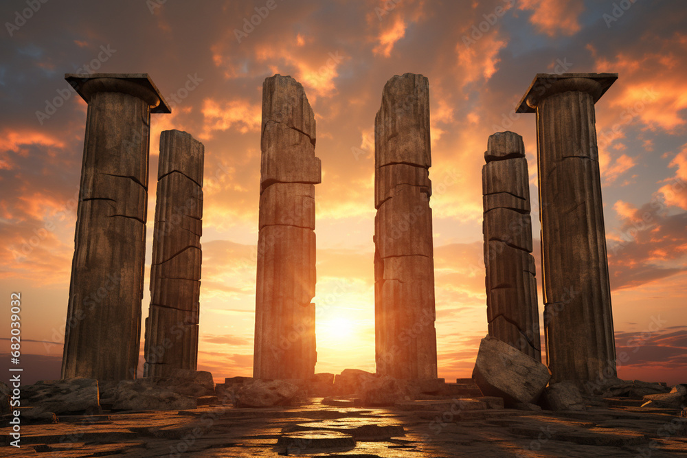 The scenic landscape view of an ancient Greek rock temple with Doric ...