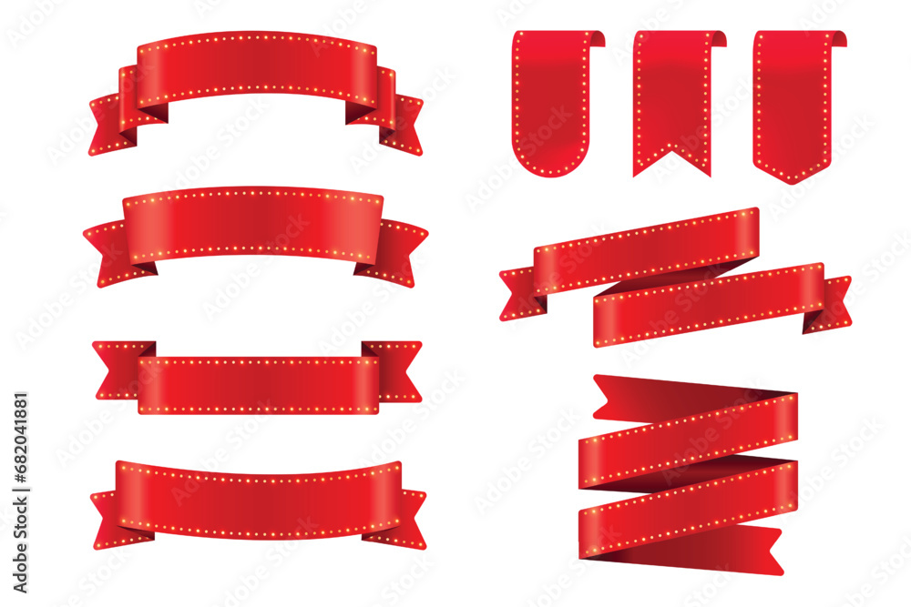 Set of Red Color Ribbons and Tags with light isolated on white ...