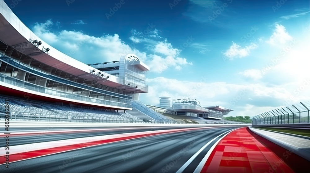 F1 race track circuit road with motion blur and grandstand stadium for ...