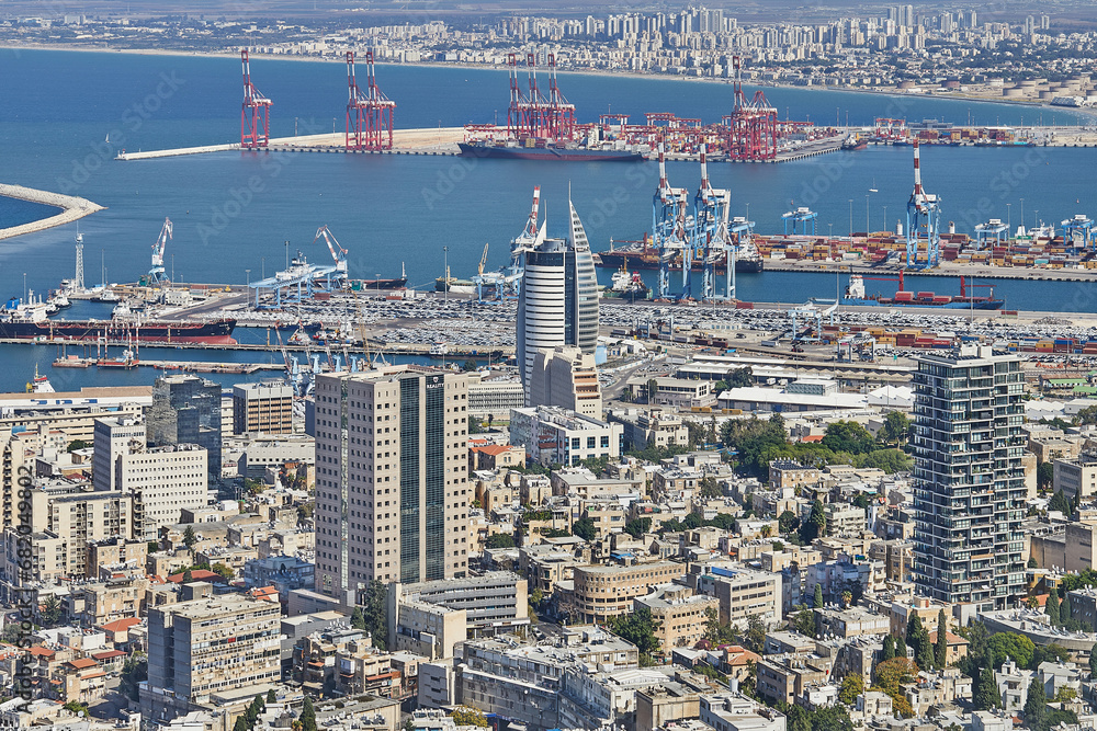 Seaport in the city of Haifa, panorama of the port and city buildings ...