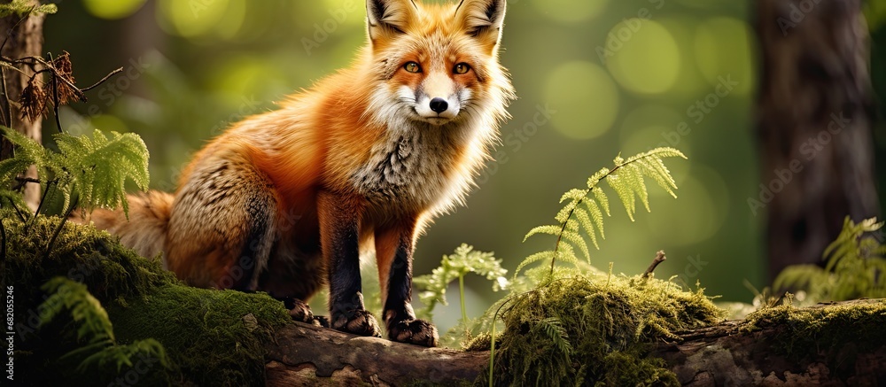 In the dense forest, a red fox with its thick fur carefully navigates ...