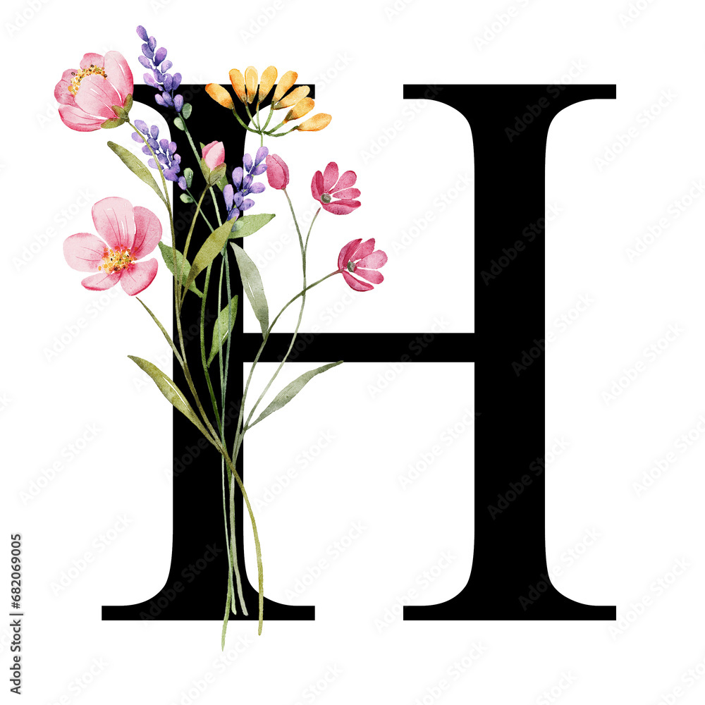 Letter H, floral alphabet, wedding monogram with watercolor flowers ...