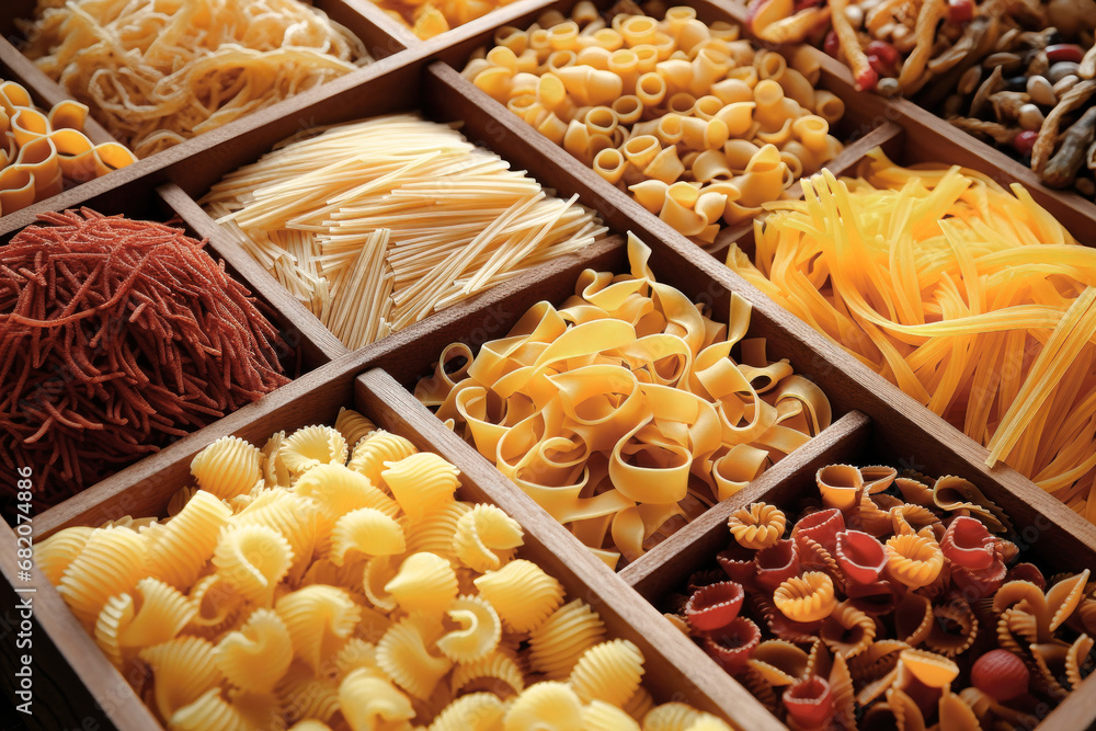Different types of dried pasta macro. Natural dietary product. Healthy ...