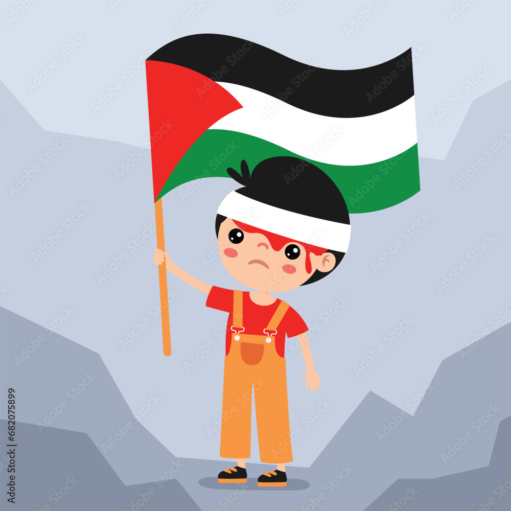 Cartoon Child With Palestine Flag Stock Vector | Adobe Stock