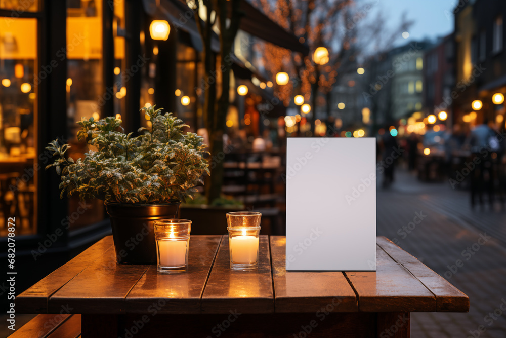 Blank white menu mockup on wooden table in outdoor cafe at night. Bokeh ...