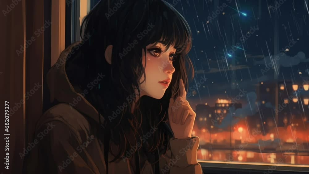 anime girl is contemplating with a sad face near the window. for lofi ...