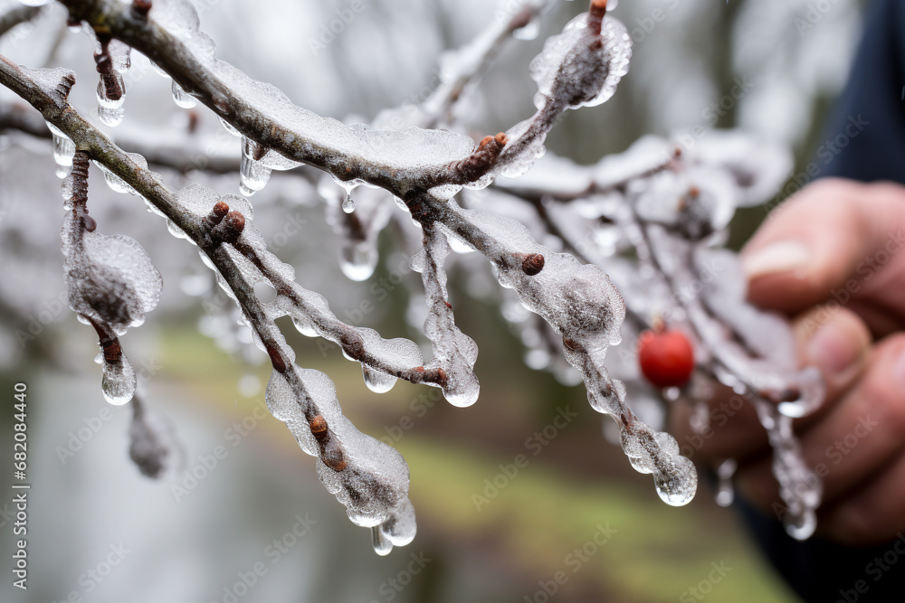 human with shift from icy sleet to flowing liquid on a branch ...