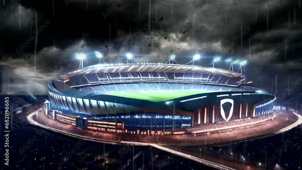 Football stadium arena seen from a distance with storm and rain ...