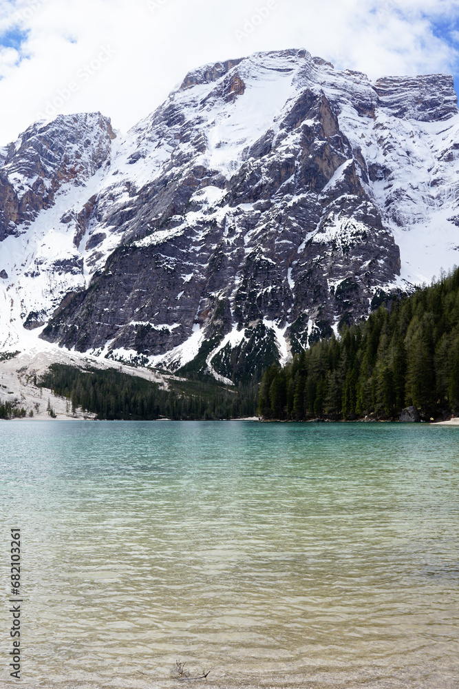 Natural landscape of Lake Lago di Braies with green summit valley view ...