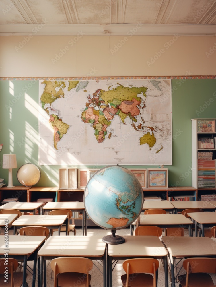 A classroom with desks and a large map on the wall. Generative AI ...