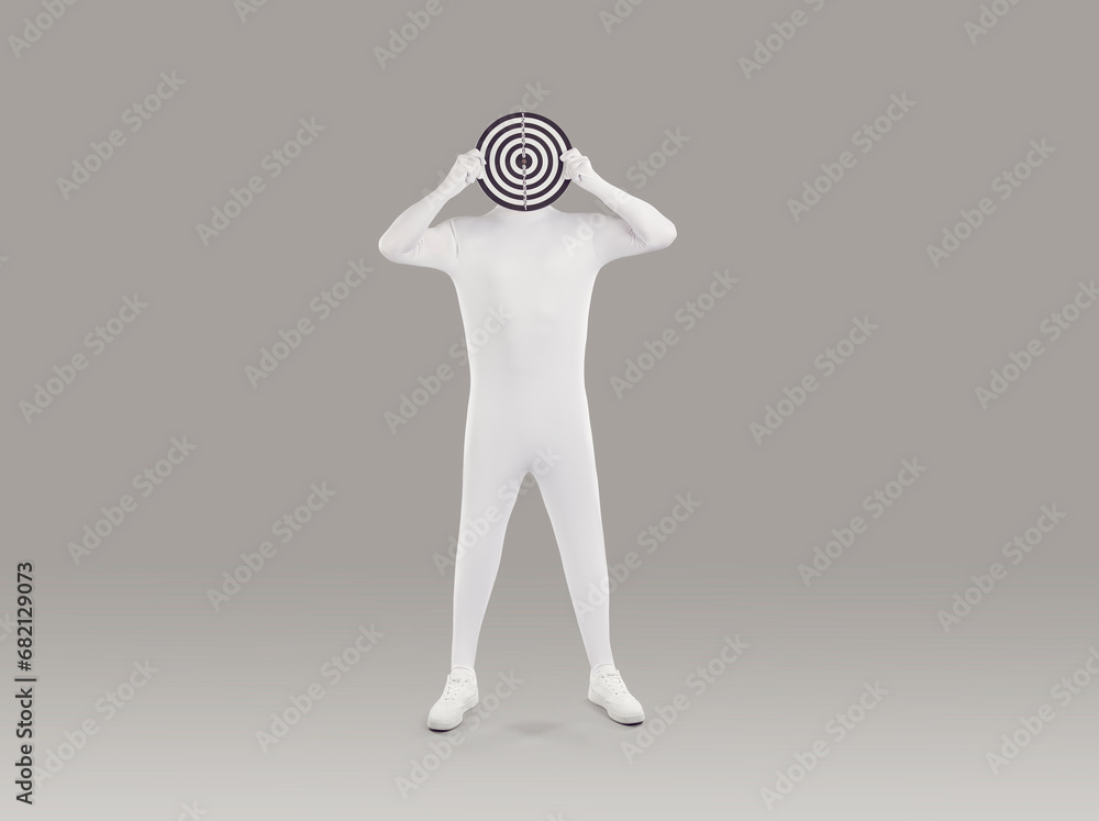 Person with round target board instead head. Man wearing white spandex ...